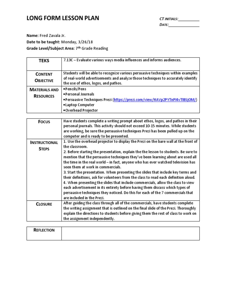 Long Form Lesson Plan: Teks C O M R | Download Free PDF | Lesson Plan ...