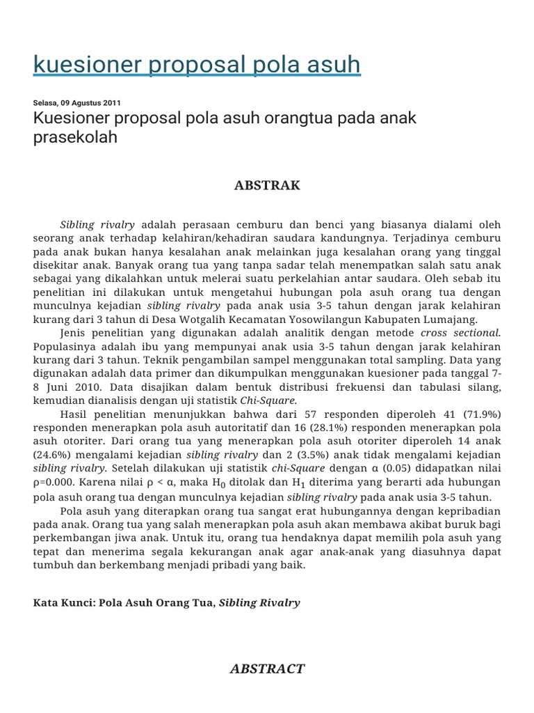 Kuesioner Proposal Pola Asuh: Kuesioner Proposal Pola Asuh Orangtua Pada Anak Prasekolah PDF | PDF