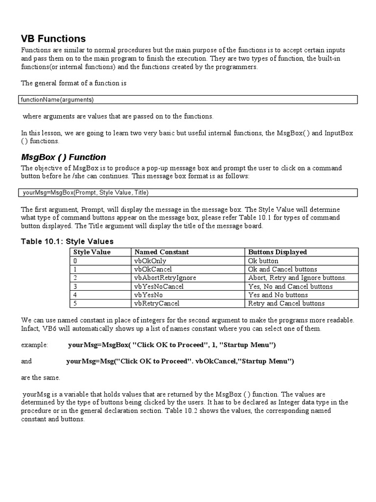 VB Functions | PDF | Subroutine | Parameter (Computer Programming) VB Functions | PDF | Subroutine | Parameter (Computer Programming)