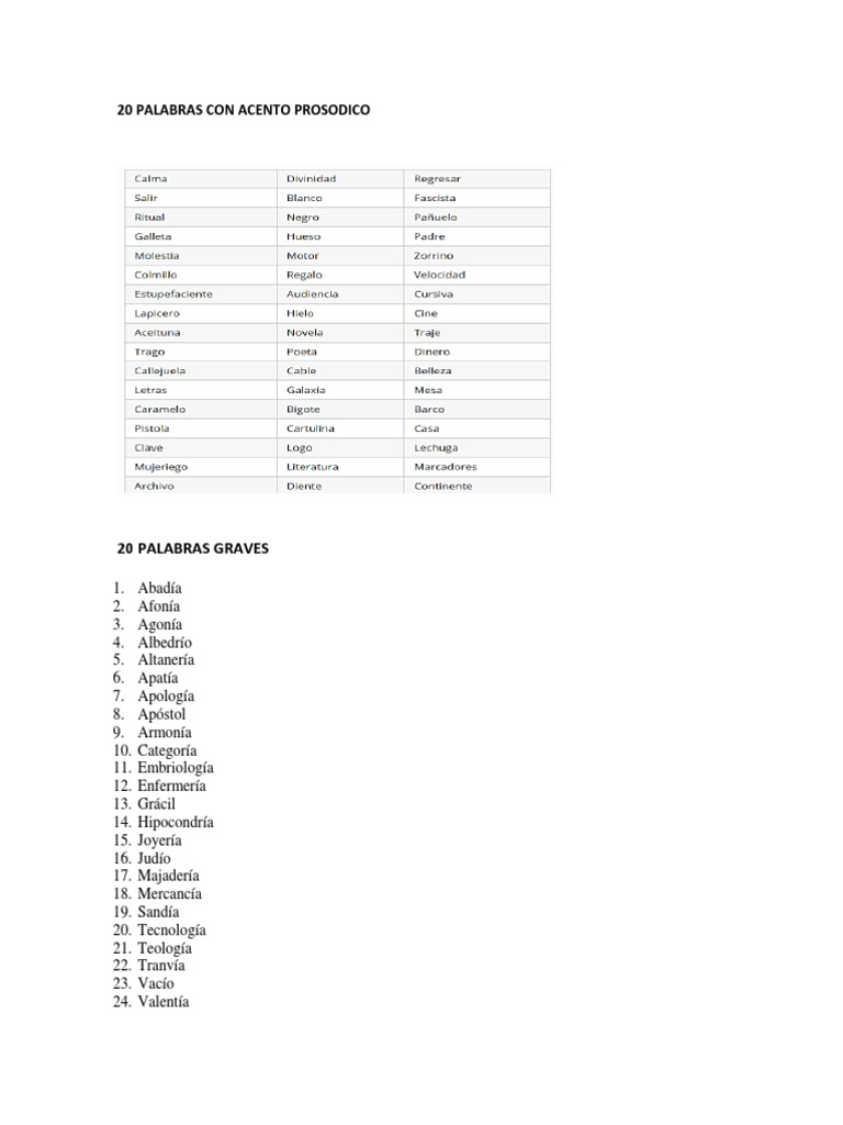 20 Palabras Con Acento Prosodico | PDF