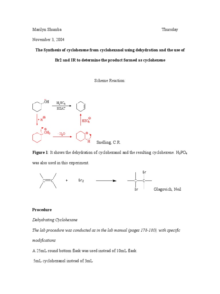 The Synthesis of Cyclohexene From Cyclohexanol Using Dehydration and ...