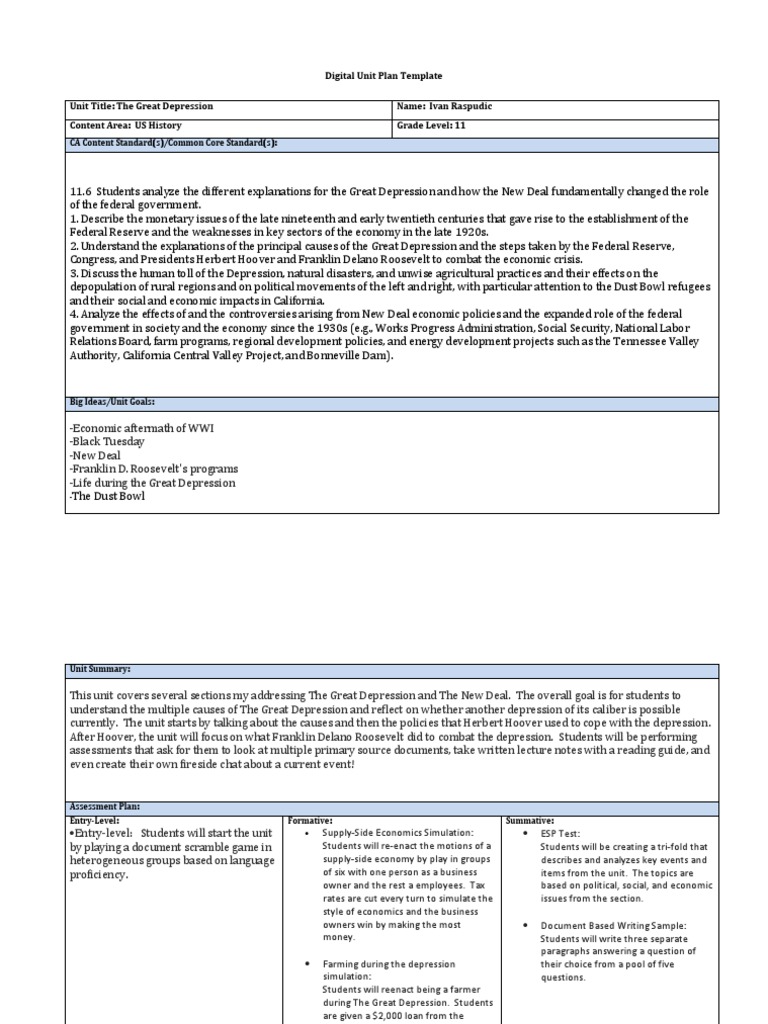 Digital Unit Plan Template 1 | PDF | Great Depression | New Deal