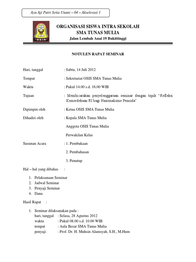 Notulen Rapat Seminar OSIS SMA Tunas Mulia | PDF