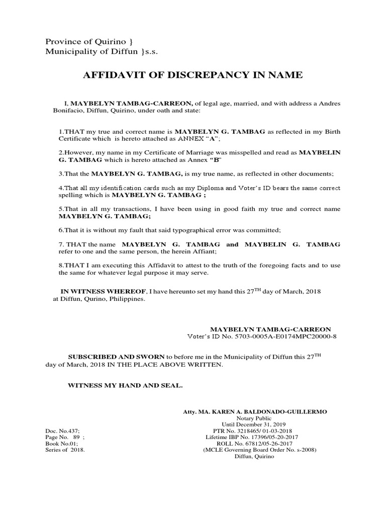 Affidavit of Descrepancy in NameCARREON | PDF