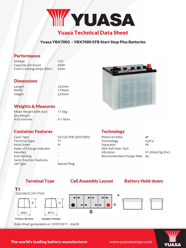Yuasa YBX7005 EFB Battery Specs | PDF | Science & Mathematics | Computers