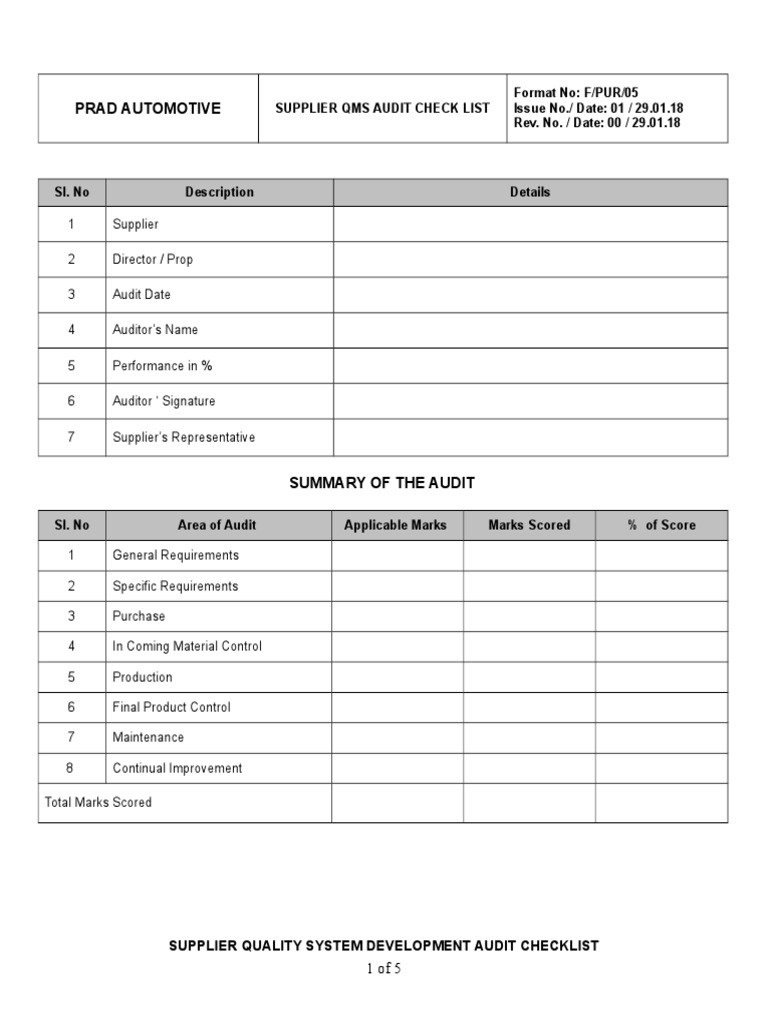 Prad Automotive Supplier Audit Checklist | PDF | Verification And ...