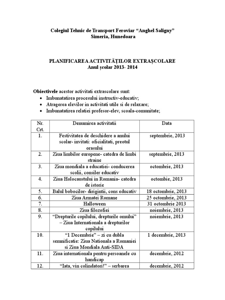 Planificare Activitati Extrascola Consiliu Elevilor | PDF