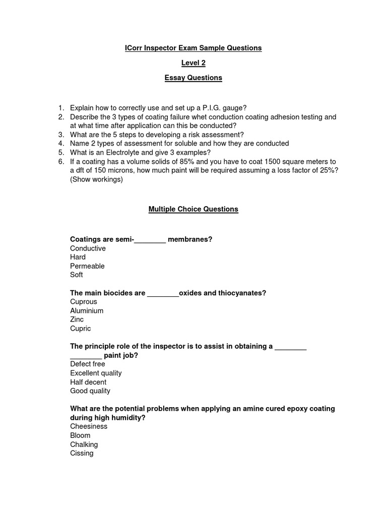 I Corr Inspector Exam Sample Questions Level 2 | PDF