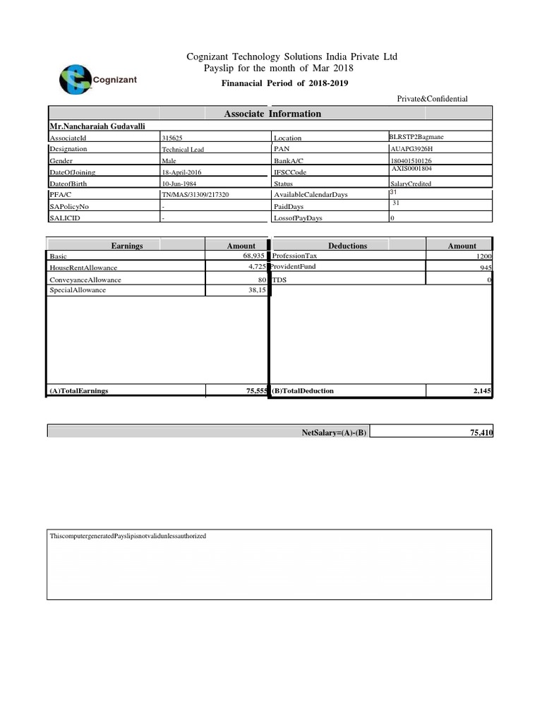 PAYSLIP Cognizant Mar 2018 | Business