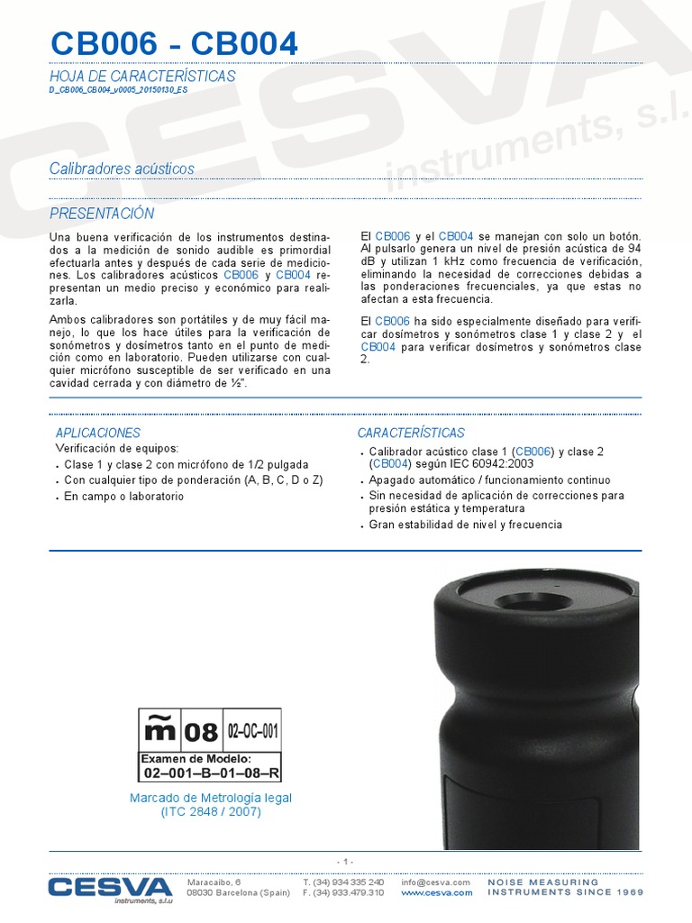Calibrador Sonometro Cesva Cb006 - Es | PDF | Micrófono | Metrología