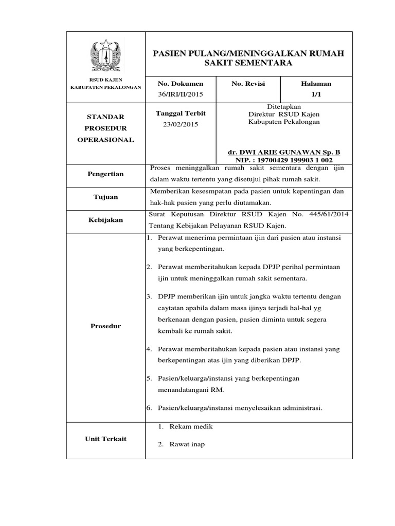 Spo Pasien Pulang Atau Meninggalkan Rumah Sakit Sementara Pdf