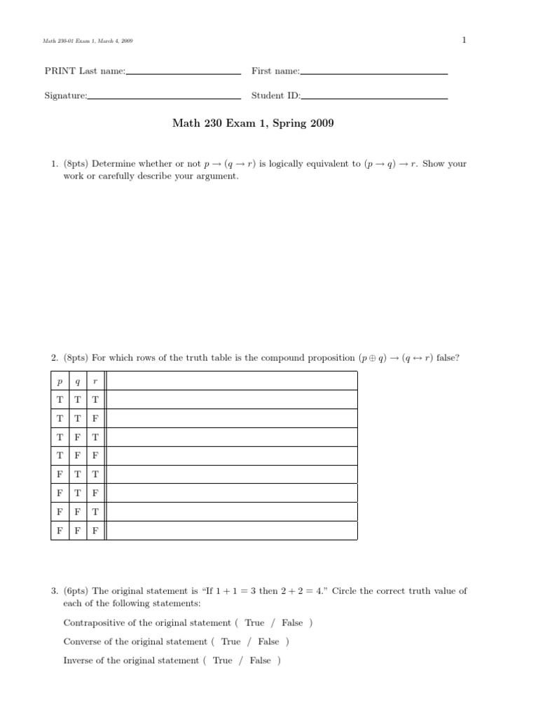 Math 230 Exam 1, Spring 2009 | PDF | Validity | Contradiction