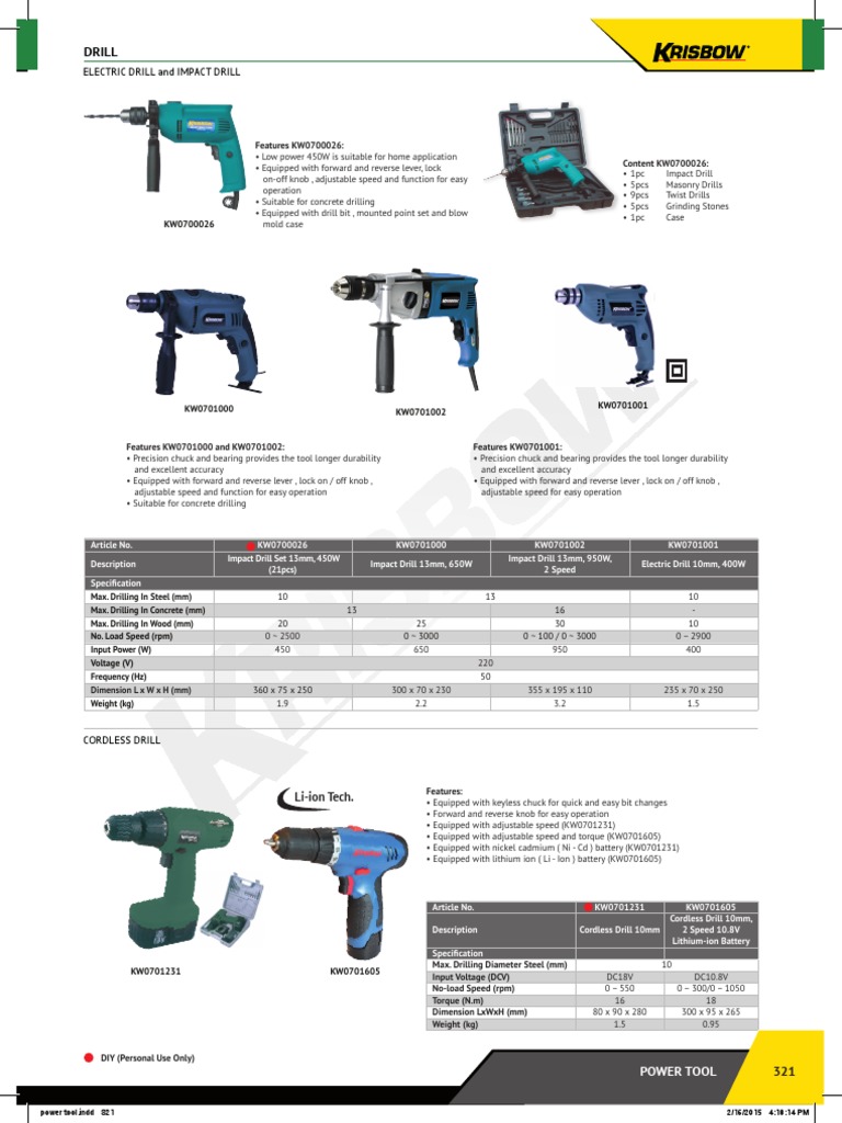 Krisbow Power Tool Specifications | PDF | Power Supply | Drill