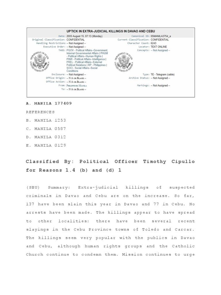 US Embassy Cable On Cebu EJK 600: Mayor Tomas Osmena's Hunter Team ...