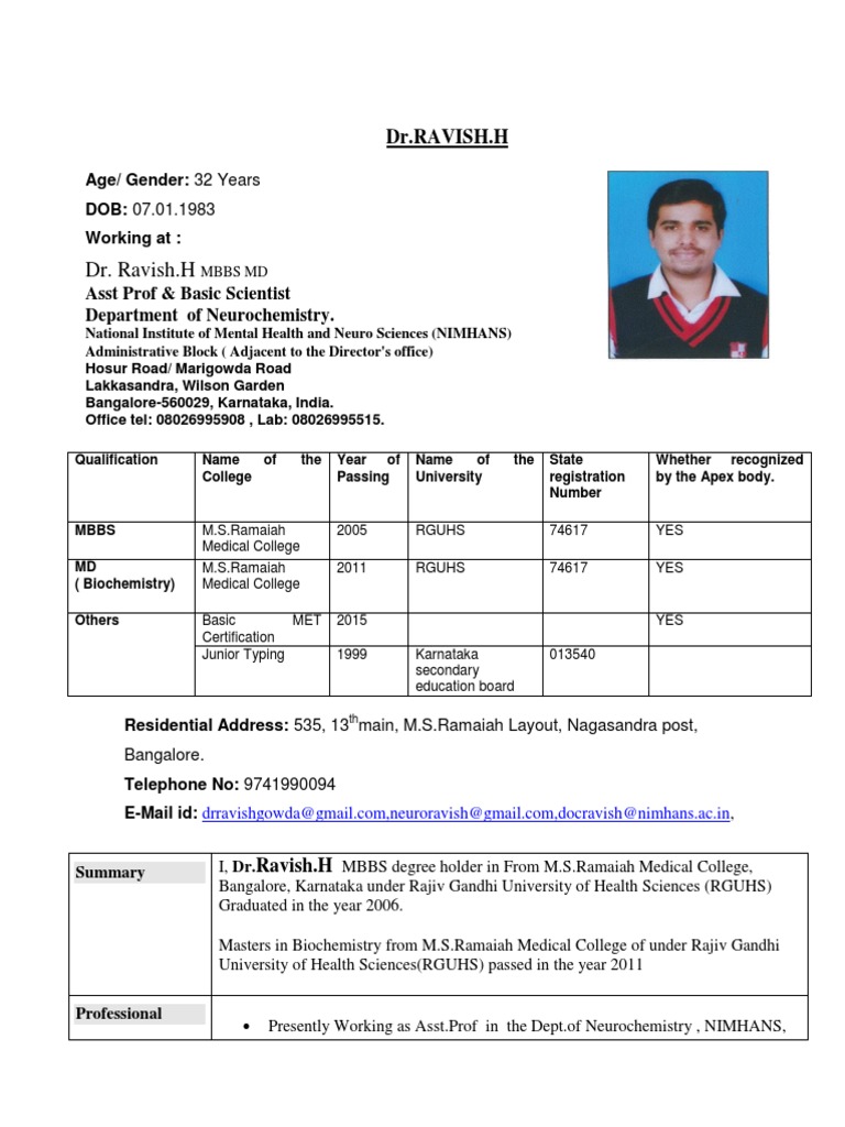 Dr. Ravish 2017 Resume-NIMHANS | PDF | Doctor Of Medicine | Bangalore