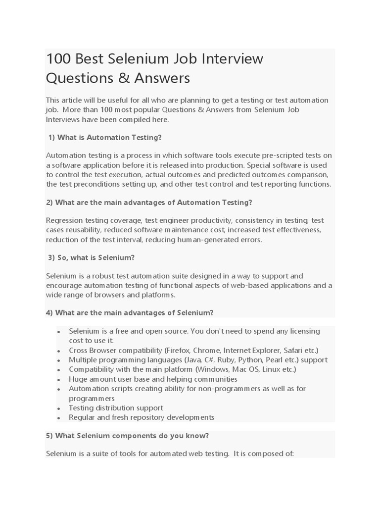 100 Best Selenium Job Interview Questions | PDF | Selenium (Software) | Software Engineering