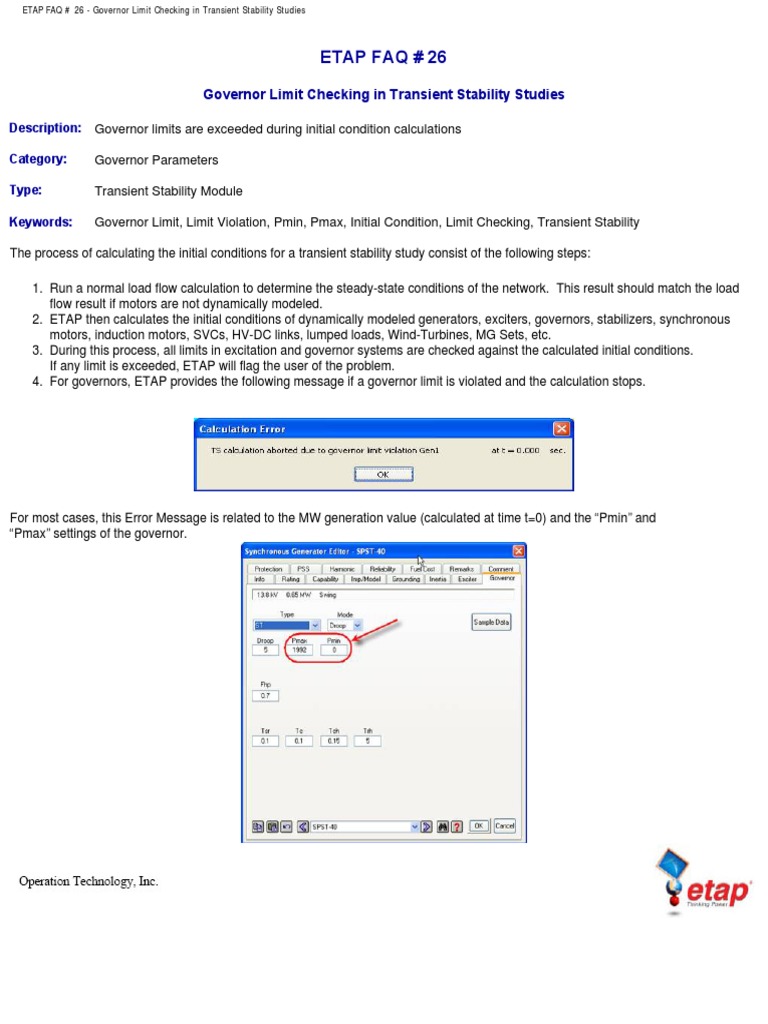 ETAP FAQ - Governor Limit Checking in Transient Stability Studies | PDF