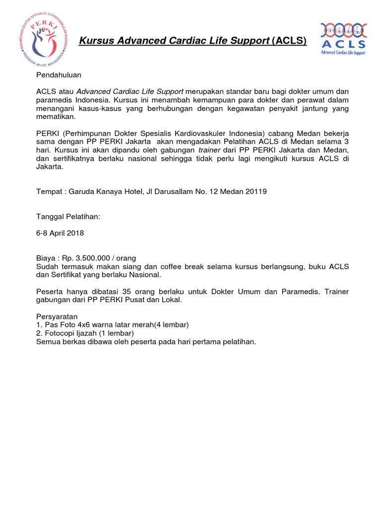 Brosur Kursus Acls Perki Medan 2018 | PDF