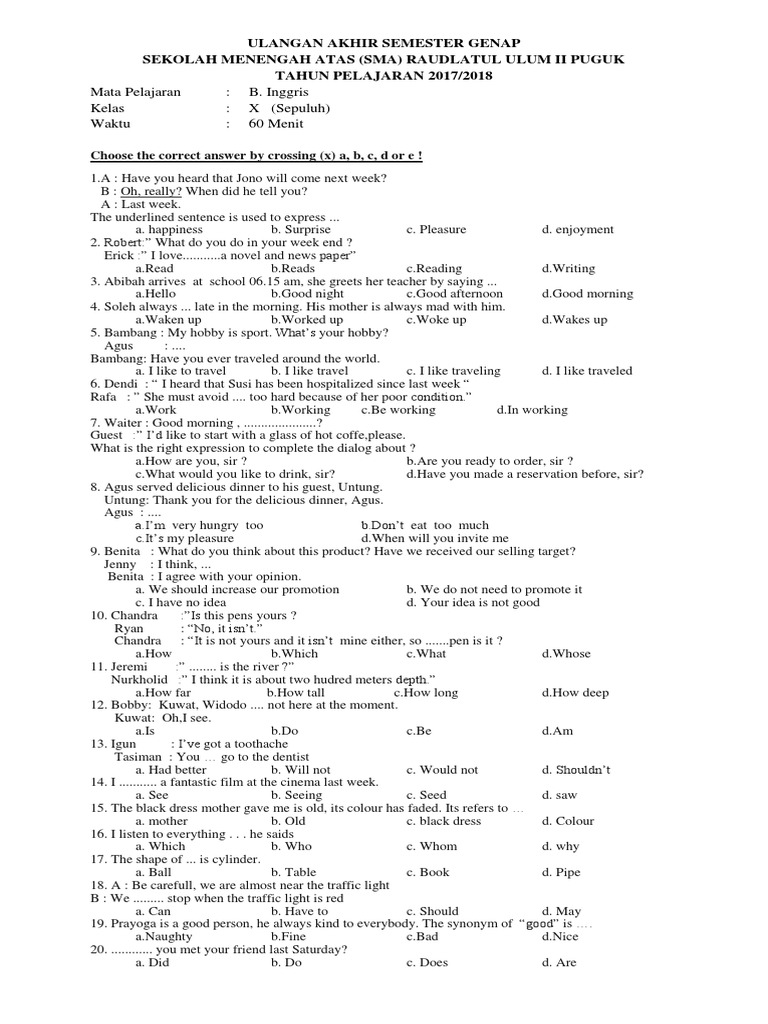 Soal Bahasa Inggris Kelas X SMA | PDF