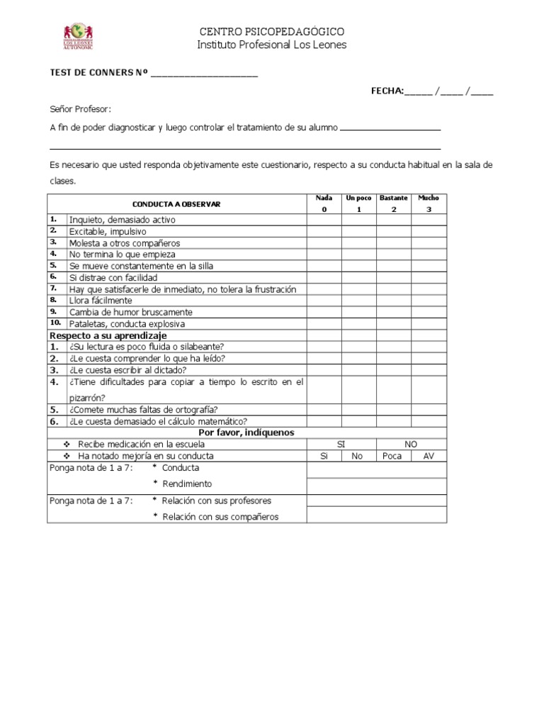 Test Conners | PDF | Cognición | Educación avanzada
