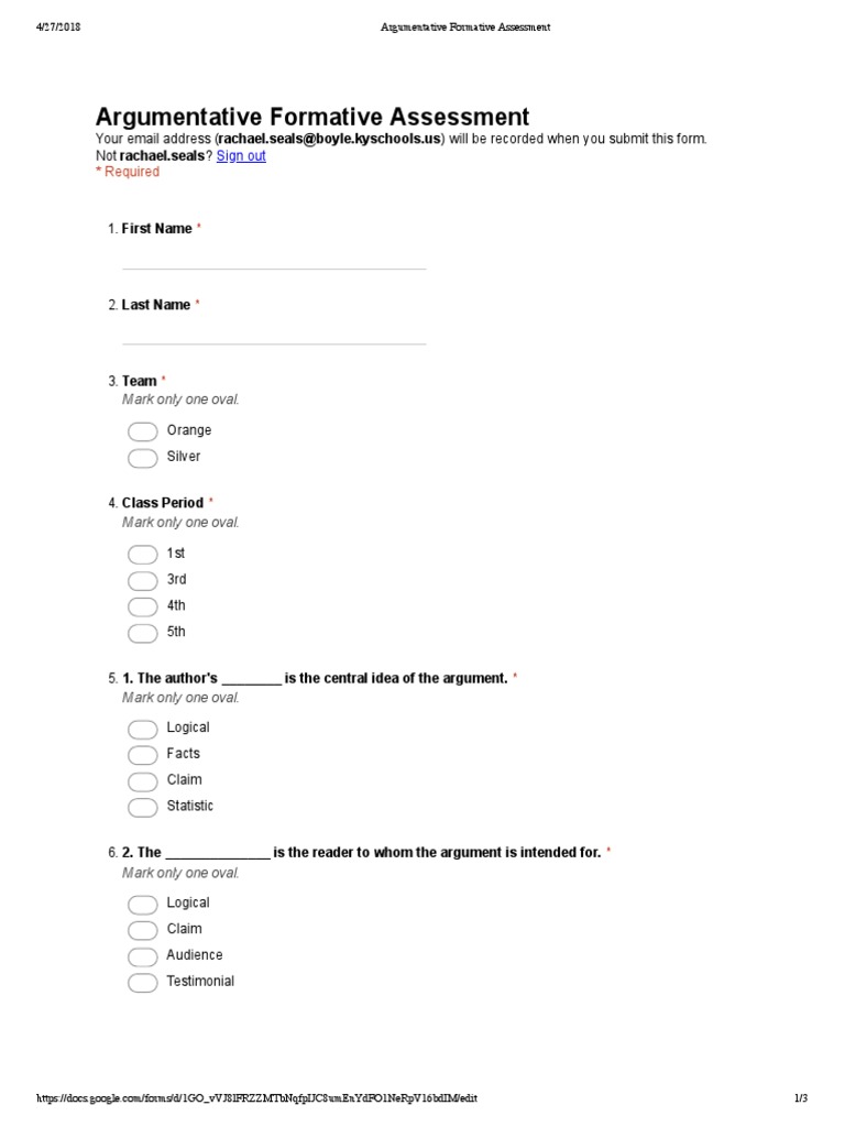 Argumentative Formative Assessment - Google Forms | Download Free PDF ...