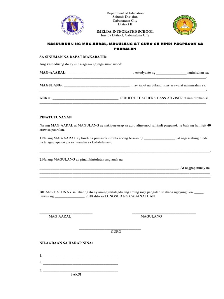 Kasunduan Sa Hindi Pagpasok Sa Paaralan | PDF