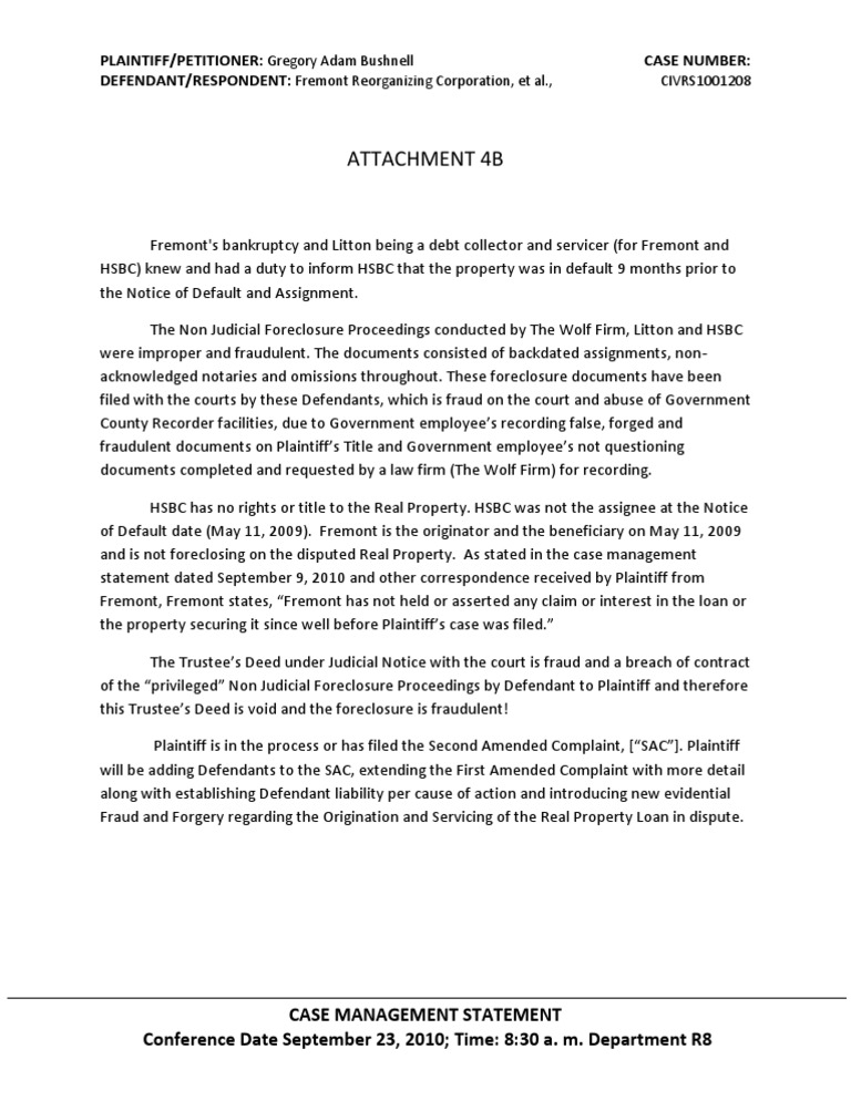 Attachment 4B - Case Management Statement 9-23-10 | PDF | Foreclosure ...