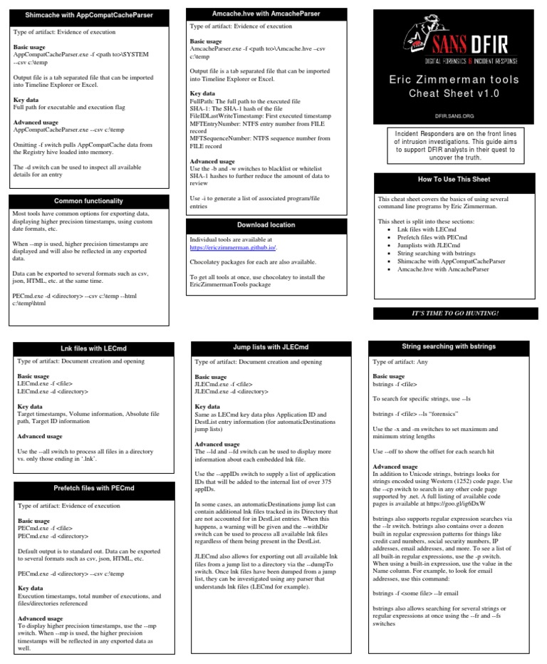 EricZimmermanCommandLineToolsCheatSheet-v1 0 | PDF | String (Computer Science) | Json