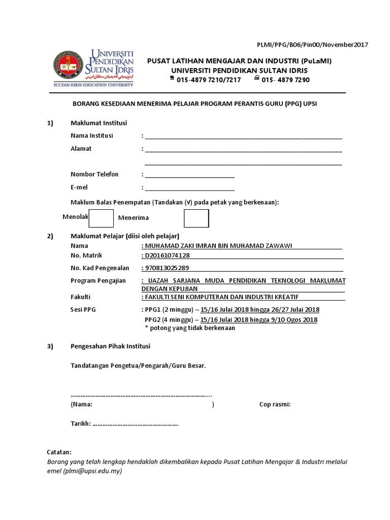 Borang Kesediaan Menerima Pelajar PPG | PDF