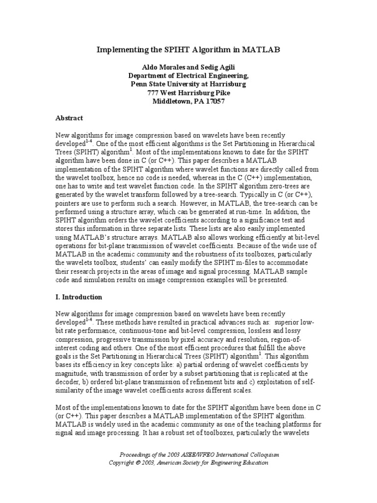 Implementing The Spiht Algorithm In Matlab Pdf Data Compression