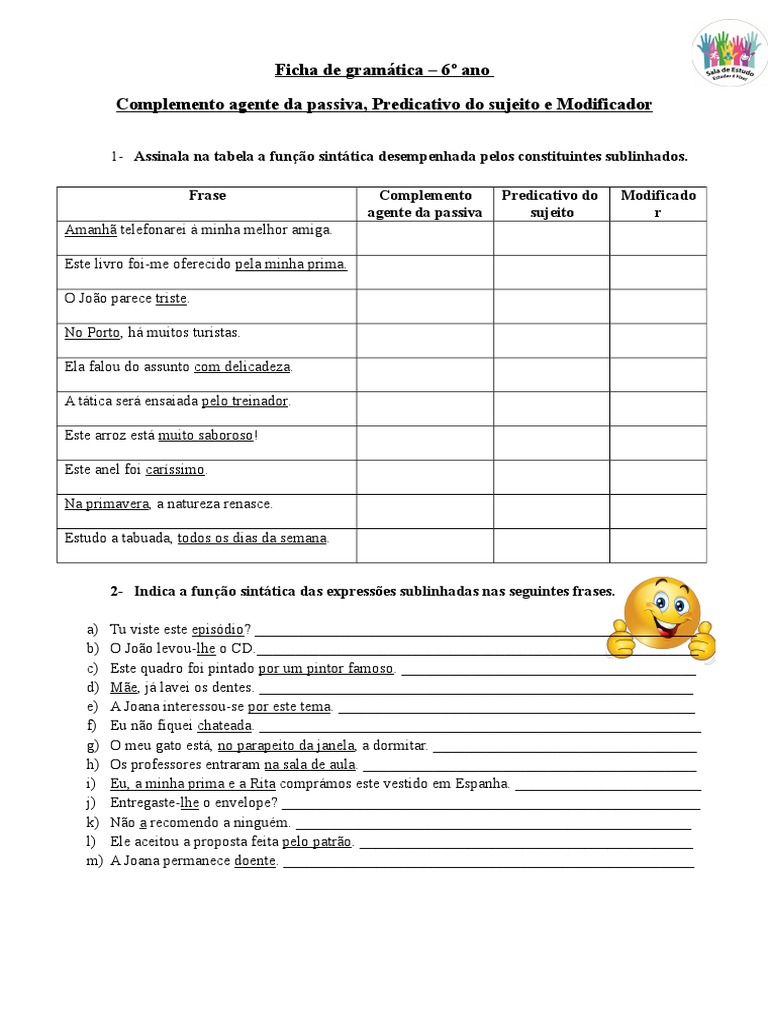 Complemento Agente Da Passiva Predicativo Do Sujeito e Modificador | Assunto (Gramática ...
