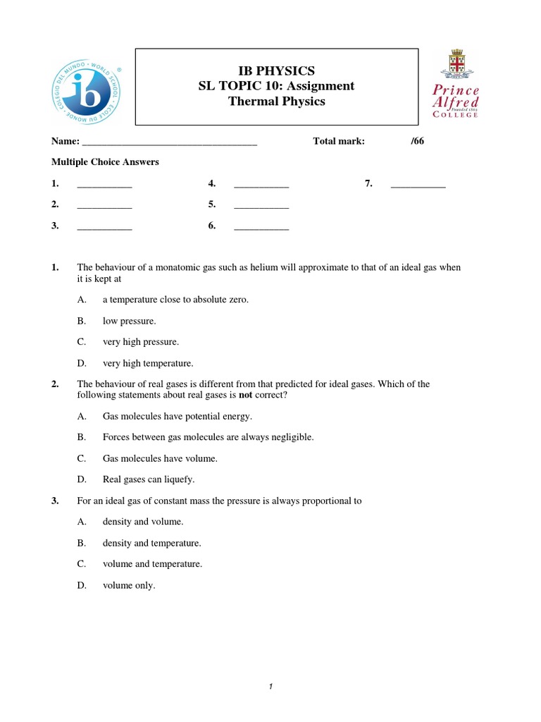 IB Physics SL Thermal Physics Assignment | PDF | Gases | Temperature