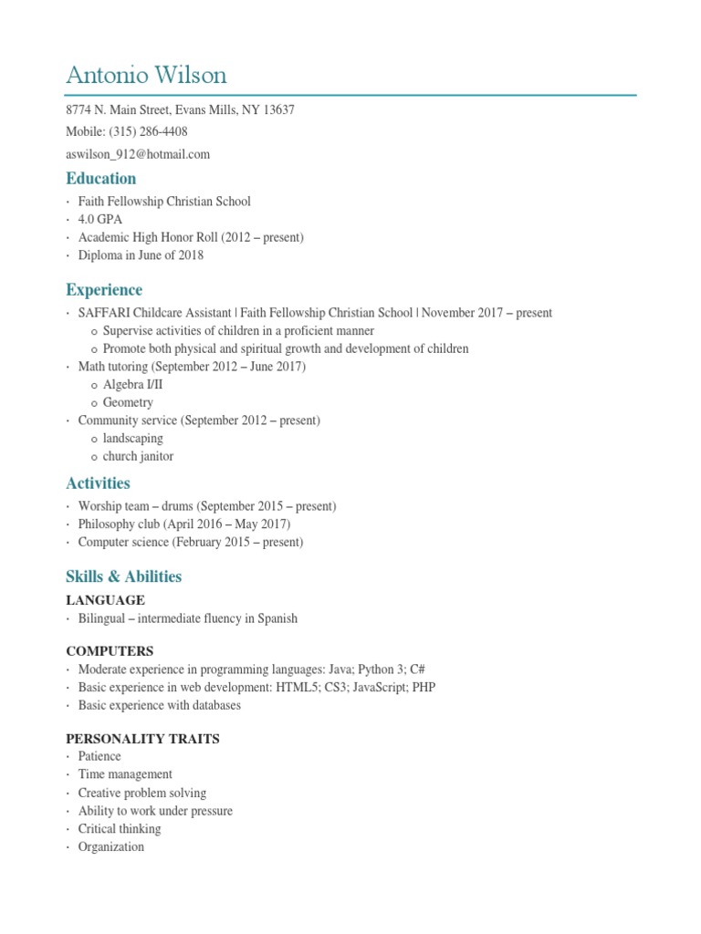 Antonio Wilson's Resume and Skills | PDF