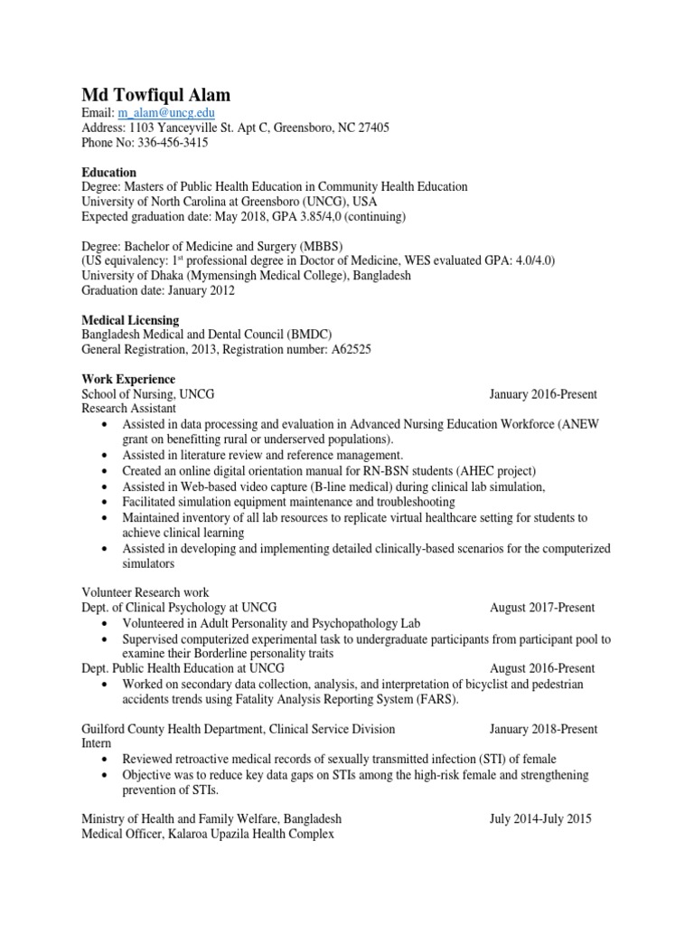 UNCG CV for MD and MPH Candidate | PDF | Doctor Of Medicine | Sexually ...