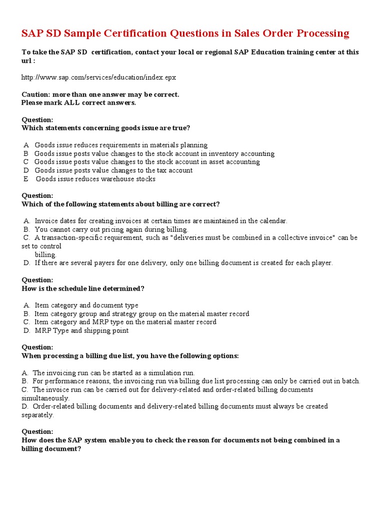 SAP SD Sample Certification Questions in Sales Order Processing | PDF ...