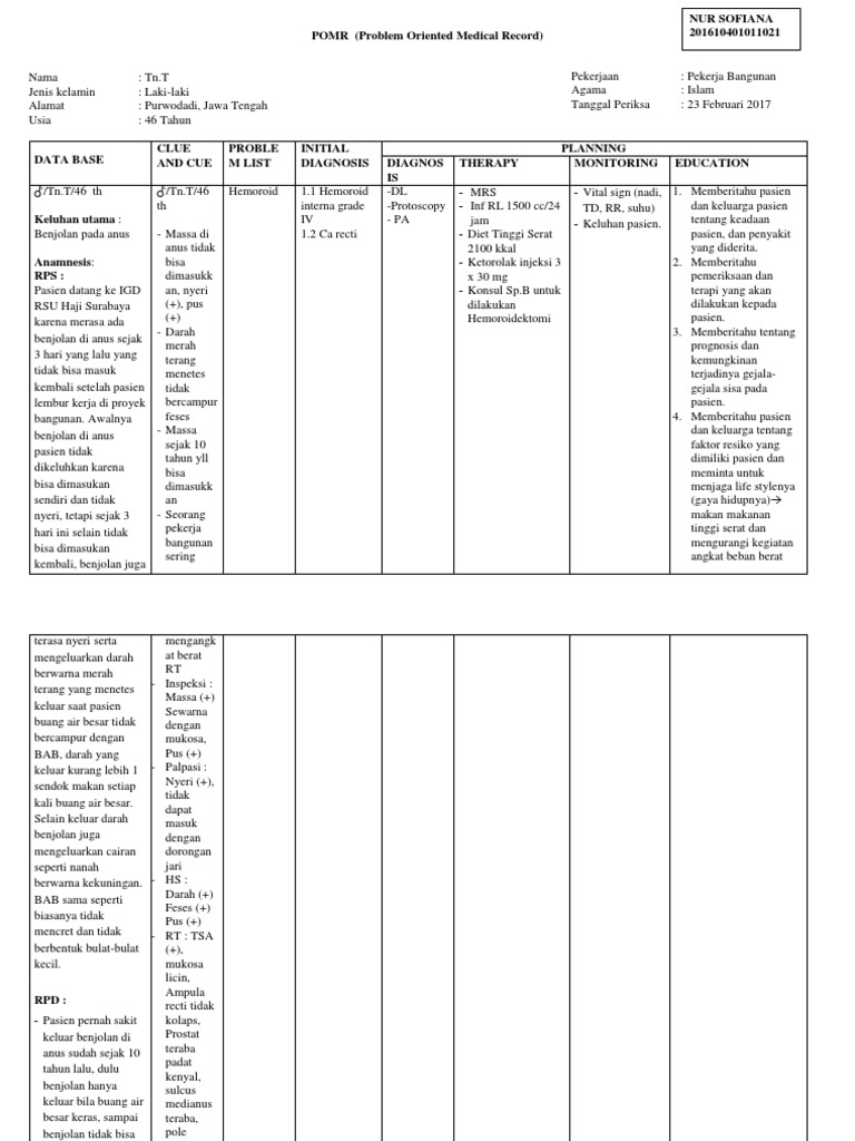 POMR Skenario 1 BEDAH Hemoroid Sofi | PDF