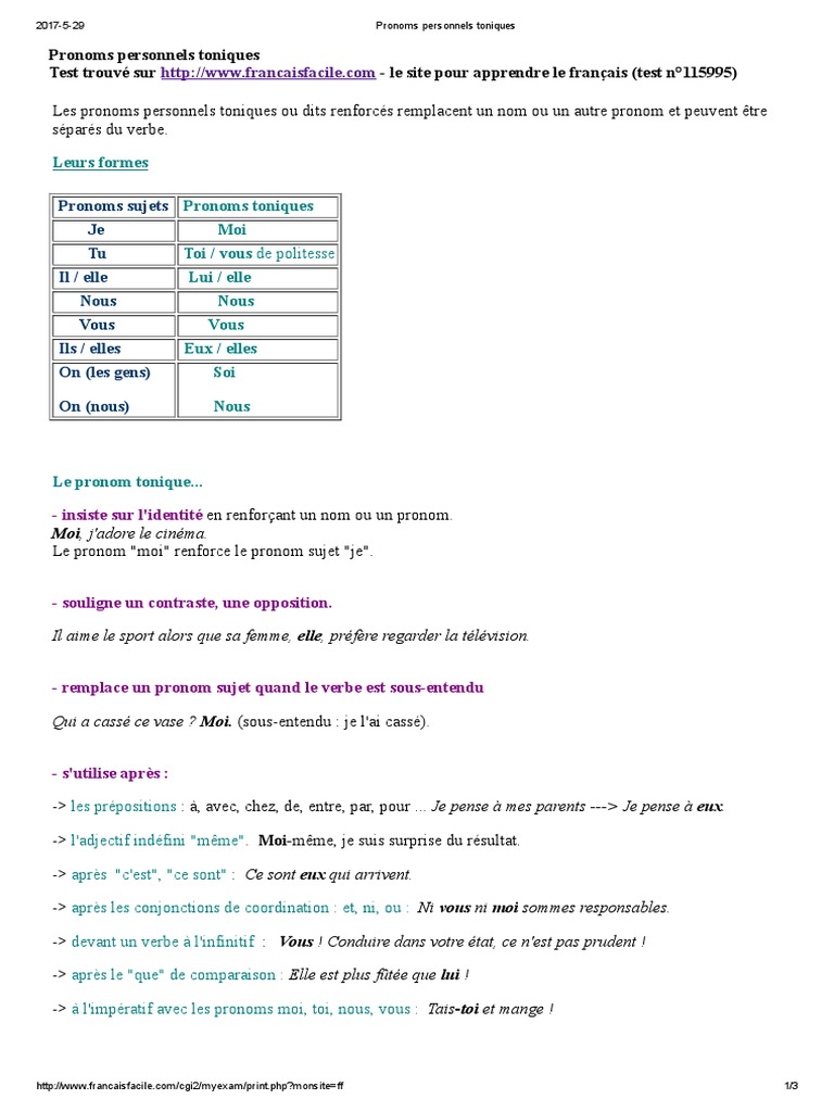 Pronoms Personnels Toniques | PDF | Pronom | Sujet (Grammaire)