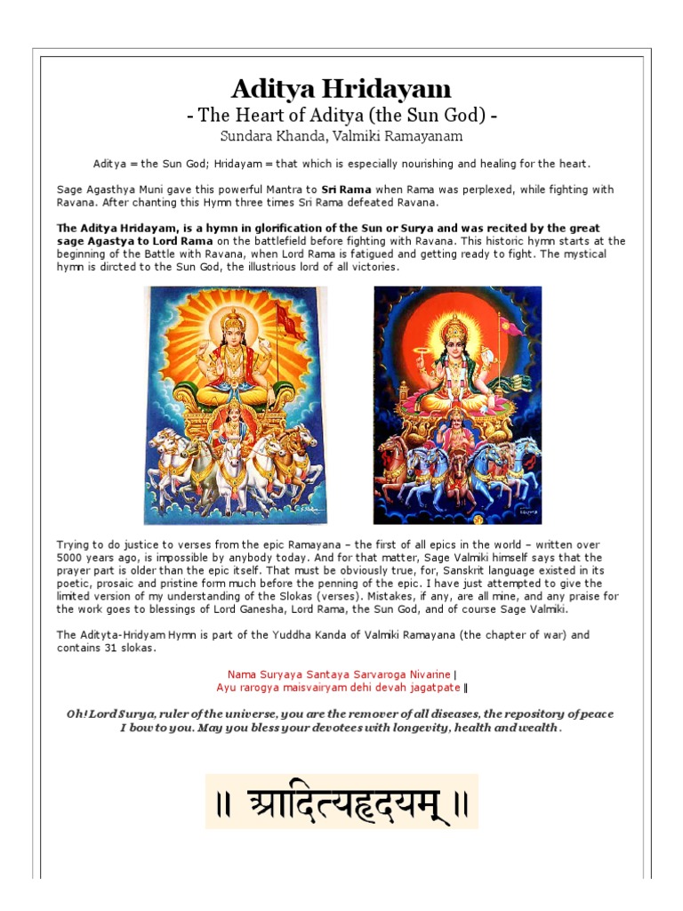 Aditya Hridayam: - The Heart of Aditya (The Sun God) | PDF | Ramayana ...