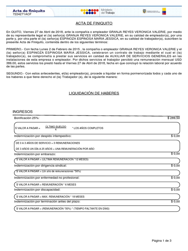 Acta de Finiquito Jessica | Descargar gratis PDF | Salario | Labor