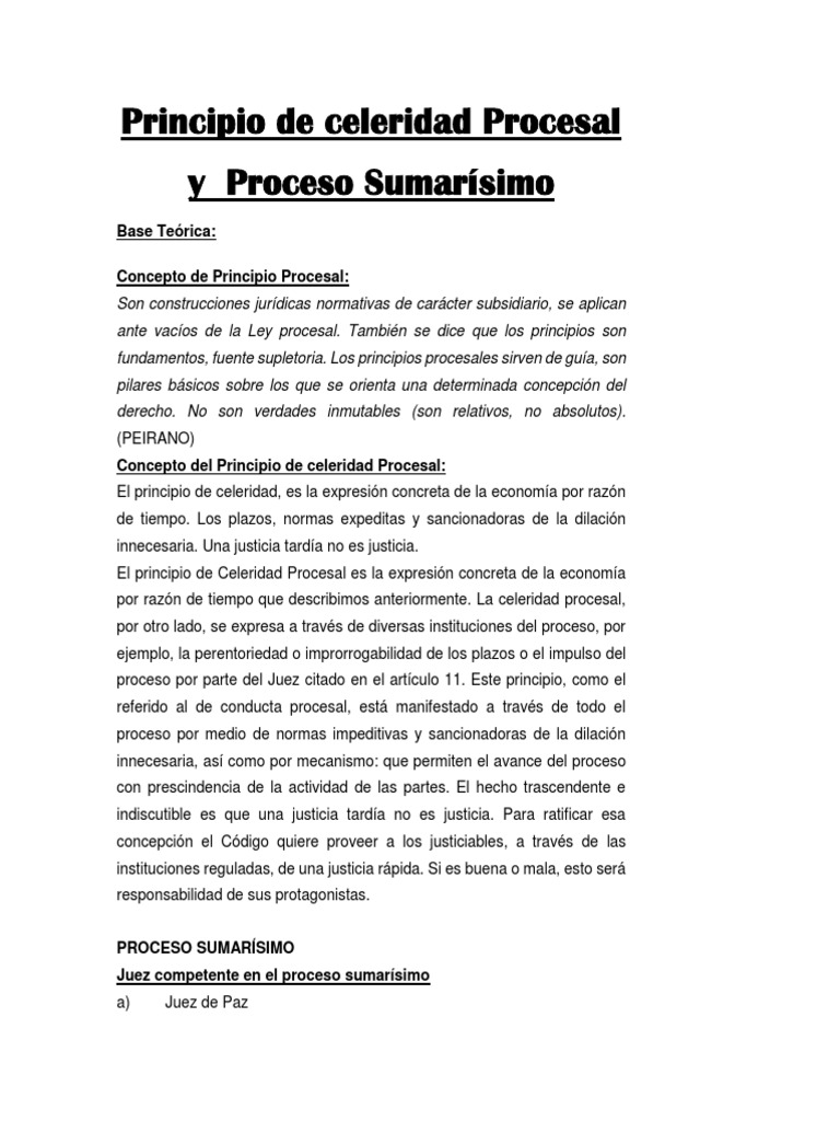 Principio de Celeridad Procesal y Proceso Sumarísimo | PDF | Ley procesal | Justicia