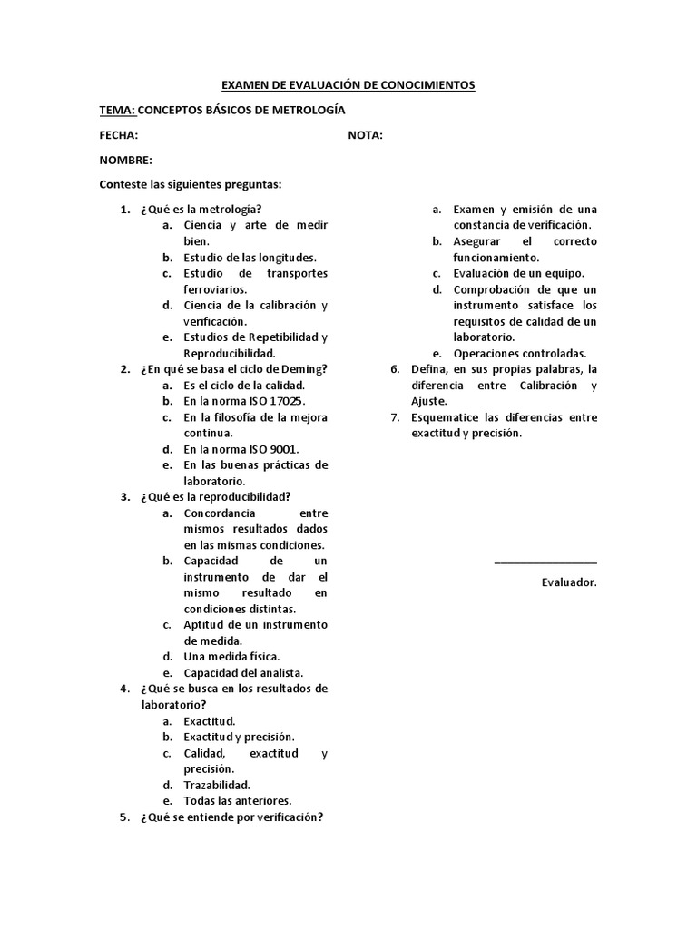 Examen - Conceptos Básicos de Metrología. | PDF