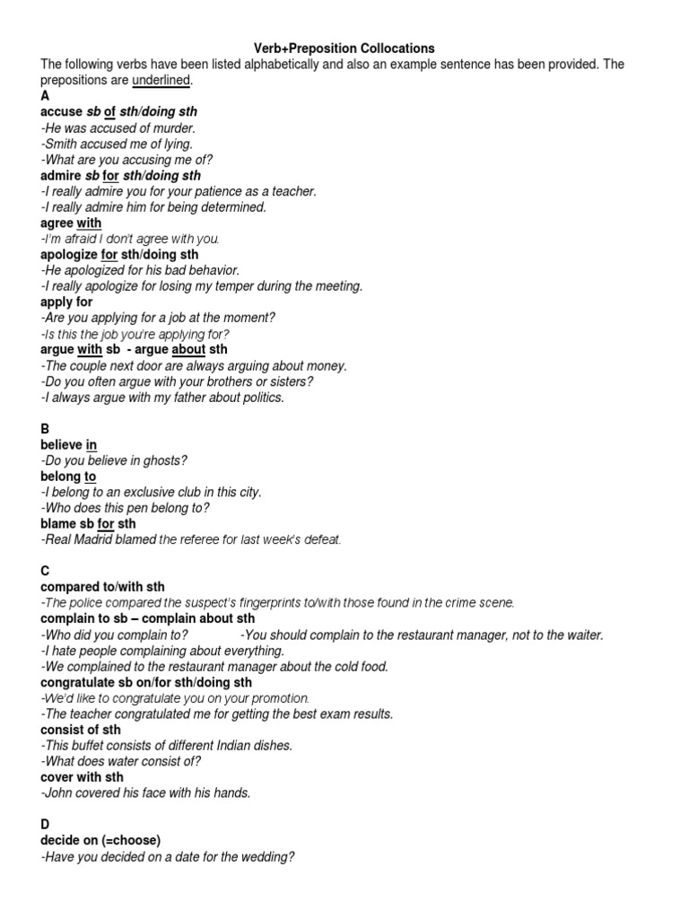 Verb and Preposition Collocations | PDF | Language Arts & Discipline