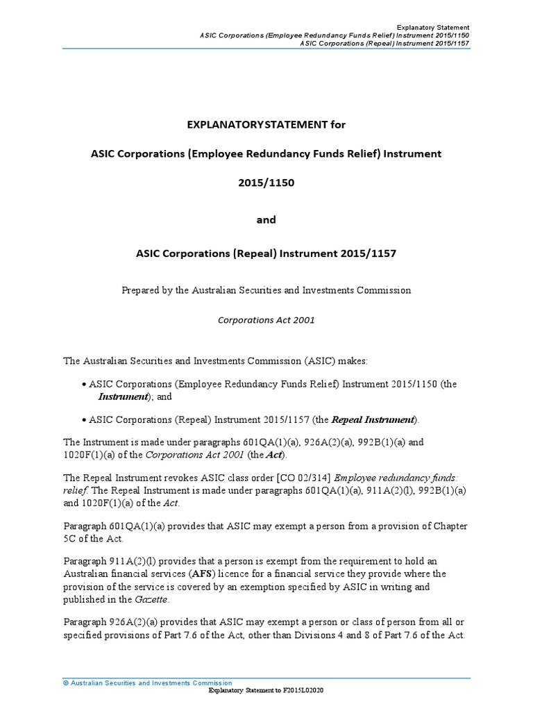 Explanatory Statement For ASIC Corporations (Employee Redundancy Funds ...