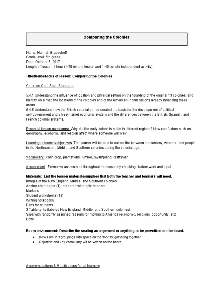 Comparing The Colonies Lesson Plan | PDF | Reading (Process) | Reading ...