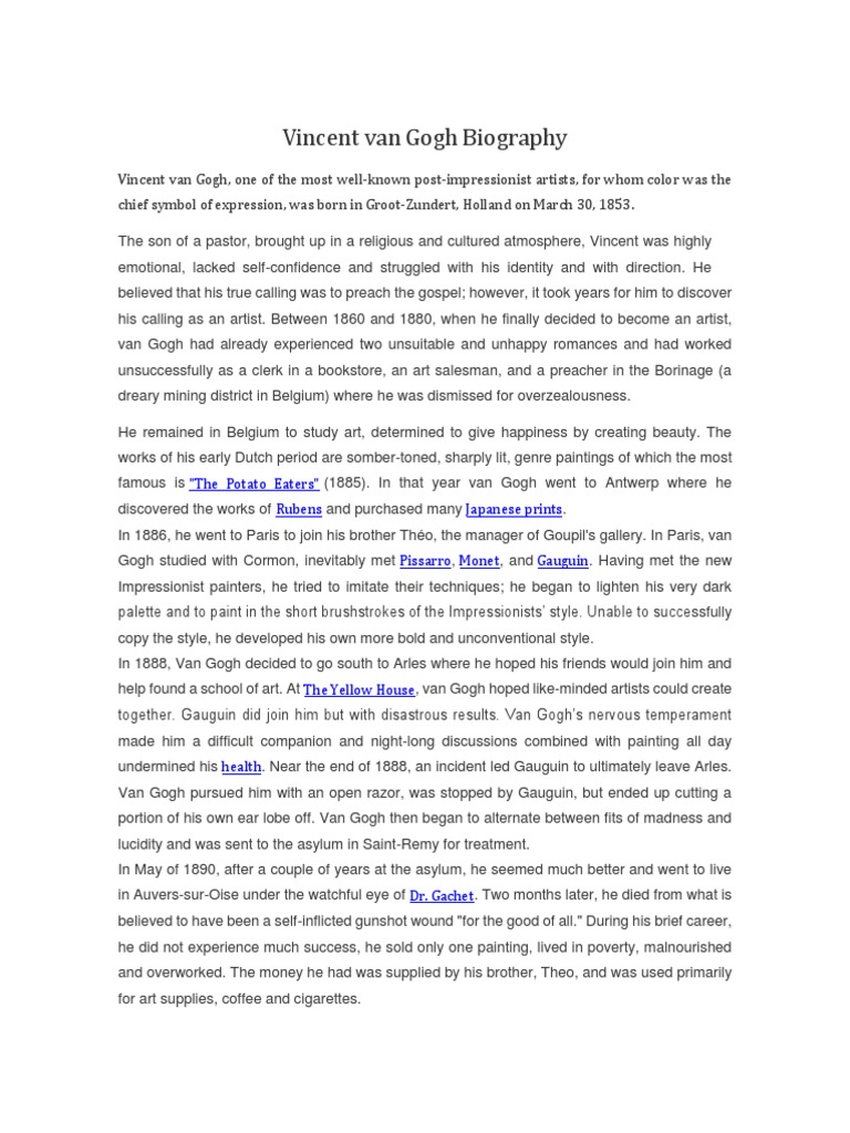 Vincent Van Gogh Biography | PDF | Vincent Van Gogh | Impressionism