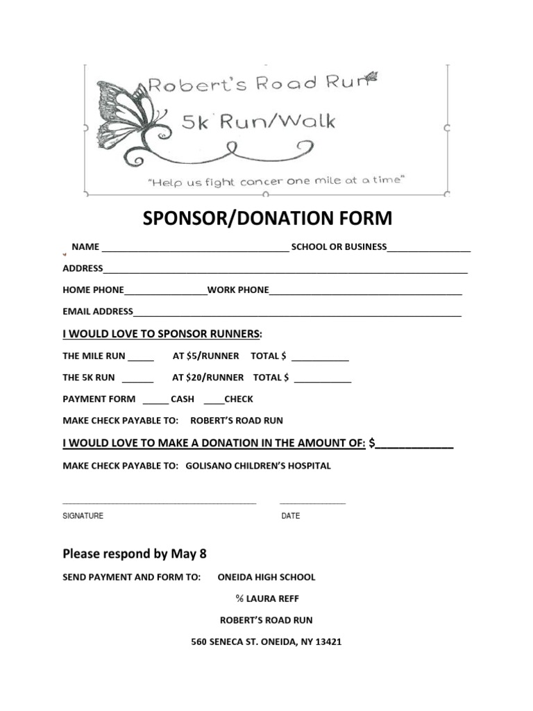 Sponsor/Donation Form: I Would Love To Sponsor Runners | PDF