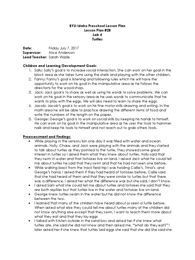 BYU-Idaho Preschool Lesson Plan Lesson Plan #28: Lab 4 Turtles ...