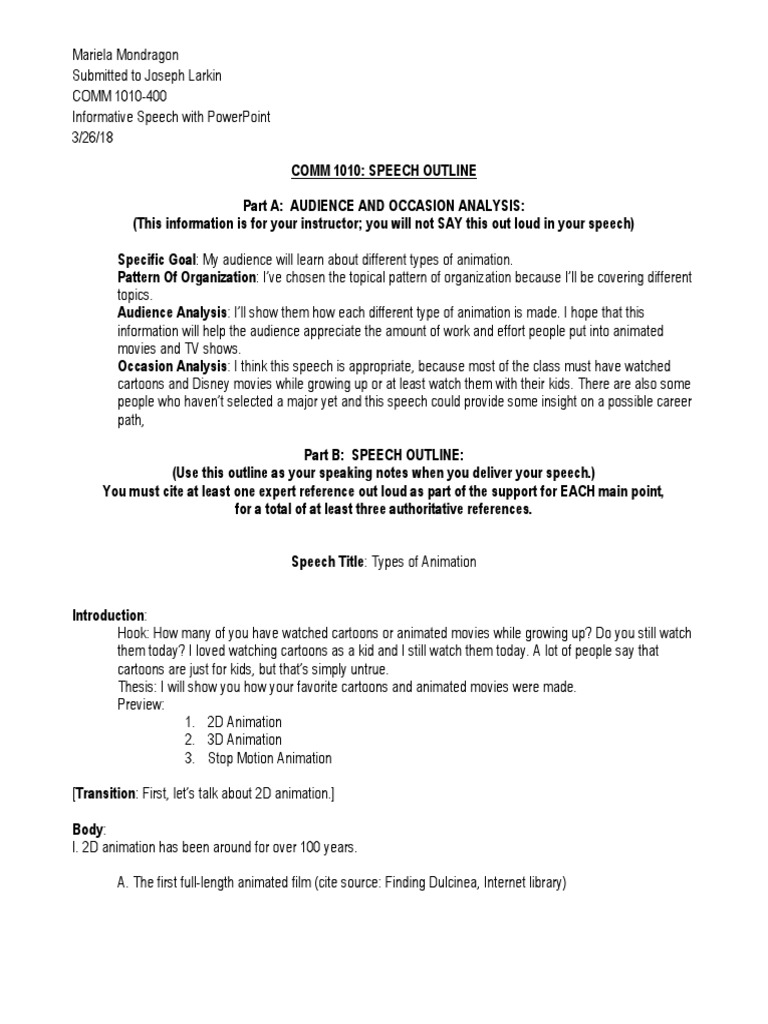 Comm 1010 Speech Outline | PDF | Animation | Computer Animation