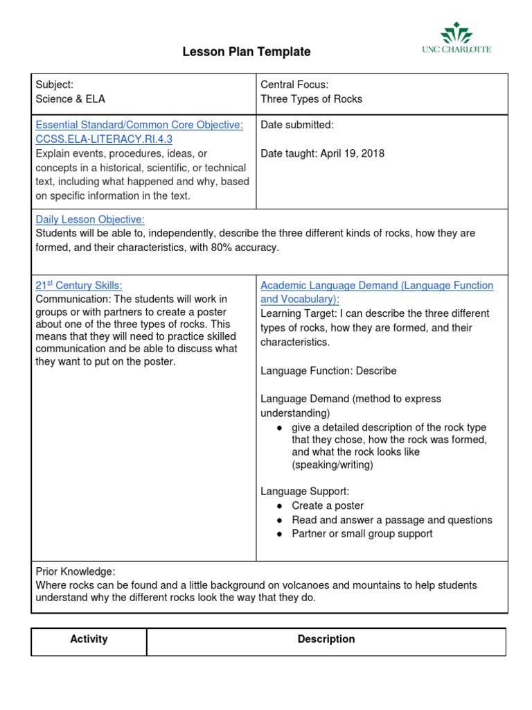 Lesson Plan Template: Essential Standard/Common Core Objective: Ccss ...