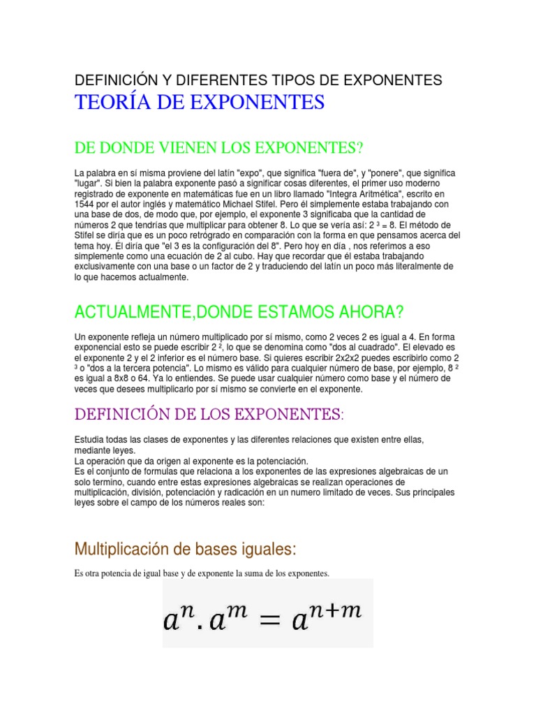 Definición y Tipos de Exponentes | PDF | Exponenciación | Multiplicación